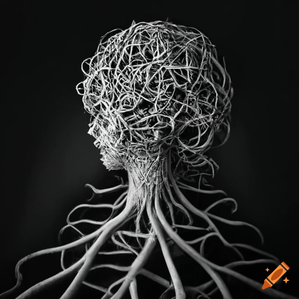 Tangled roots entwined in black and white on Craiyon