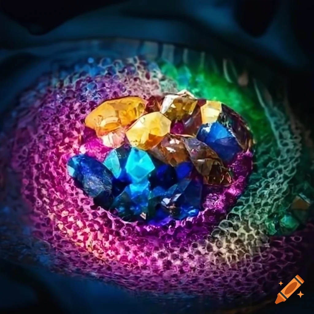 Tray of colorful magical gems on Craiyon