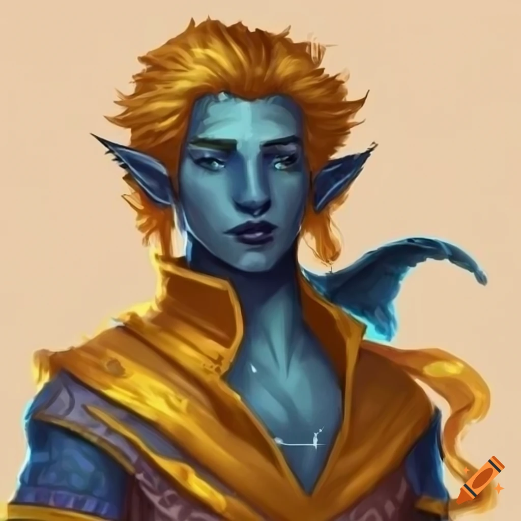 Male dnd marai vastayan character with blue skin and gold hair ...