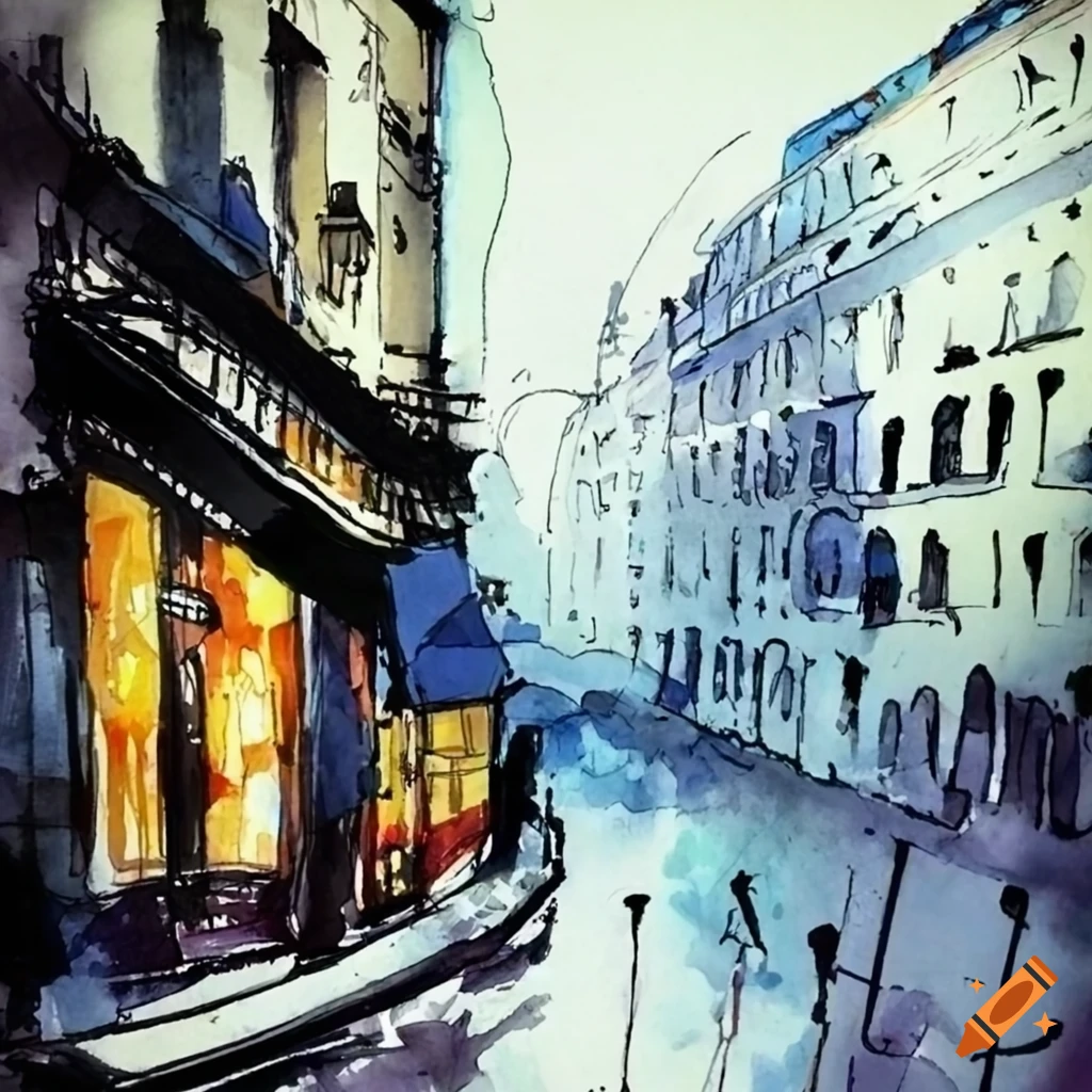 Watercolor drawing of paris streets on Craiyon