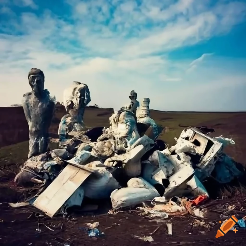 Destroyed statues in a post-apocalyptic landscape under soft colored ...