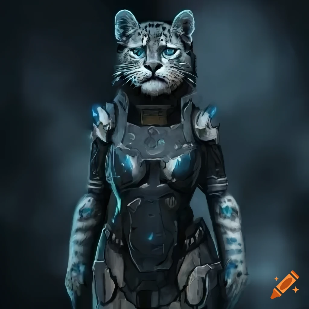 Anthropomorphic snow leopard in futuristic armor in a snowy forest on ...