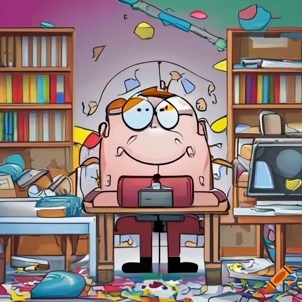 Colorful cartoon of a nerd gaming in a messy room on Craiyon