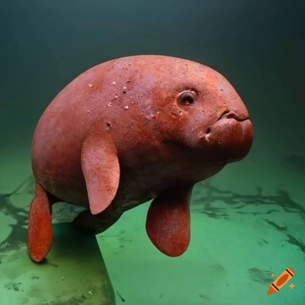 Rust red manatee sculpture with flowers and raku-fired glazing on Craiyon