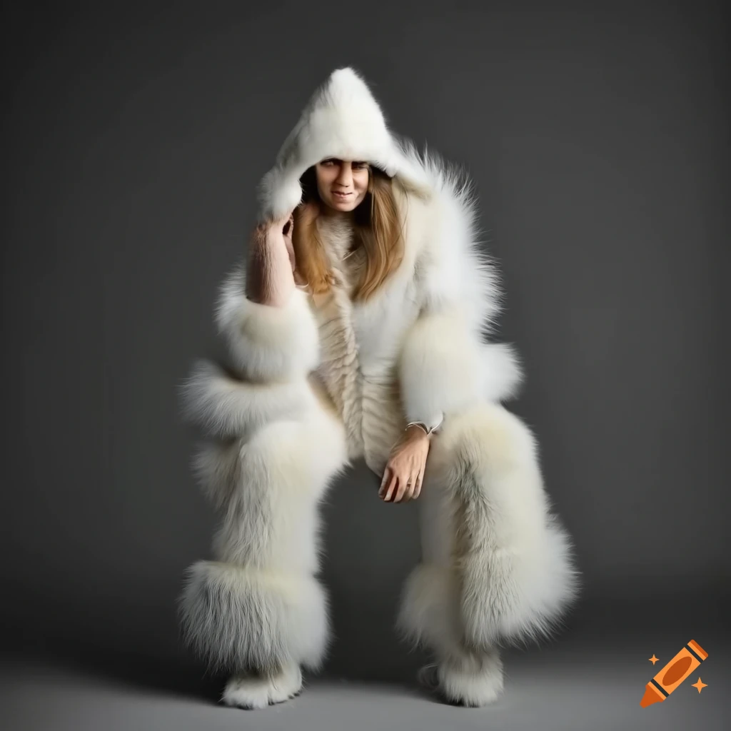Young woman in stylish white hoodie and fur pants on Craiyon