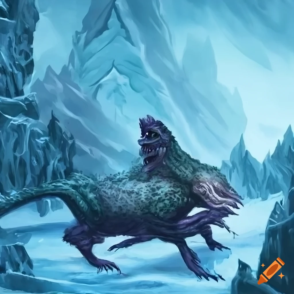 Creature fleeing in icy landscape in mtg fantasy art on Craiyon
