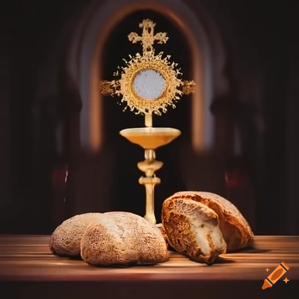 Eucharistic wine and bread on a catholic altar on Craiyon