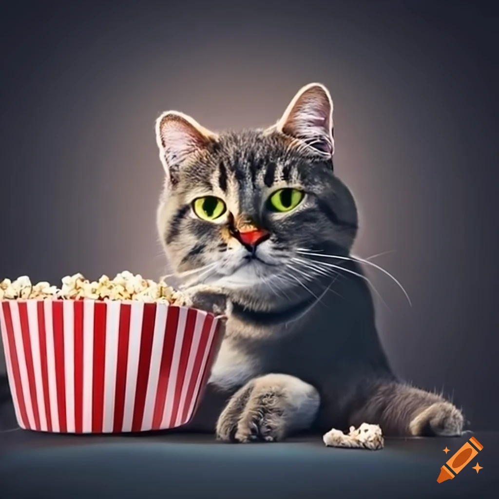 Cat watching a movie with popcorn on Craiyon