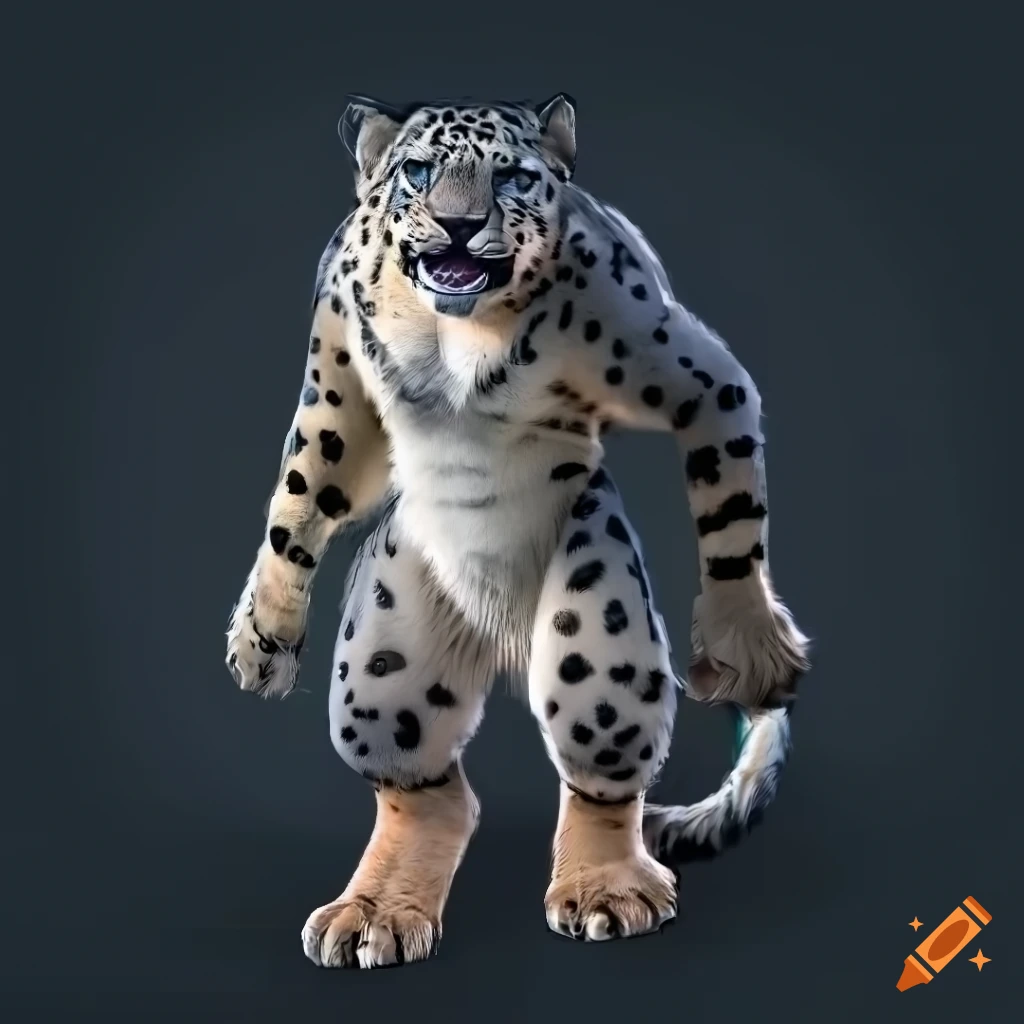 Anthropomorphic male snow leopard with blue eyes standing upright in ...