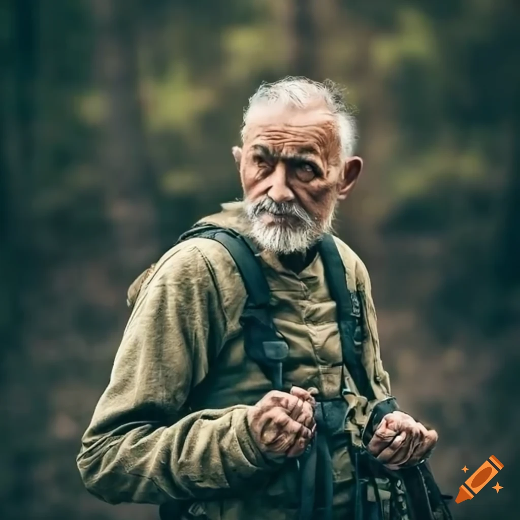 Rustic photo of an old man in hiking gear with a rugged look on Craiyon