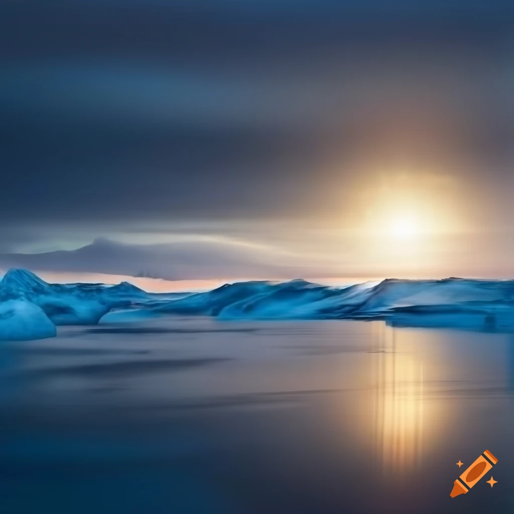 Artic landscape with sunburst through cloudy sky in photorealistic ...