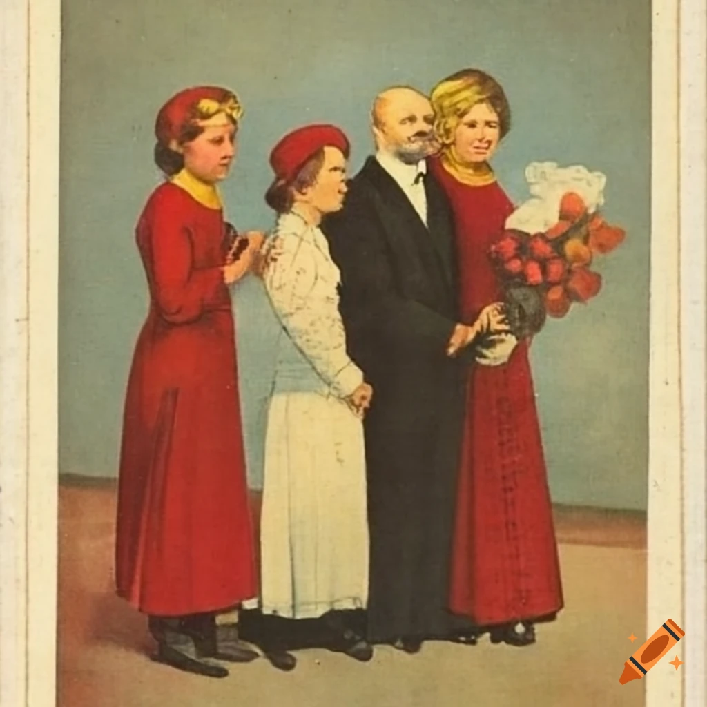 Soviet postcard featuring lenin and women with brain and flowers on Craiyon
