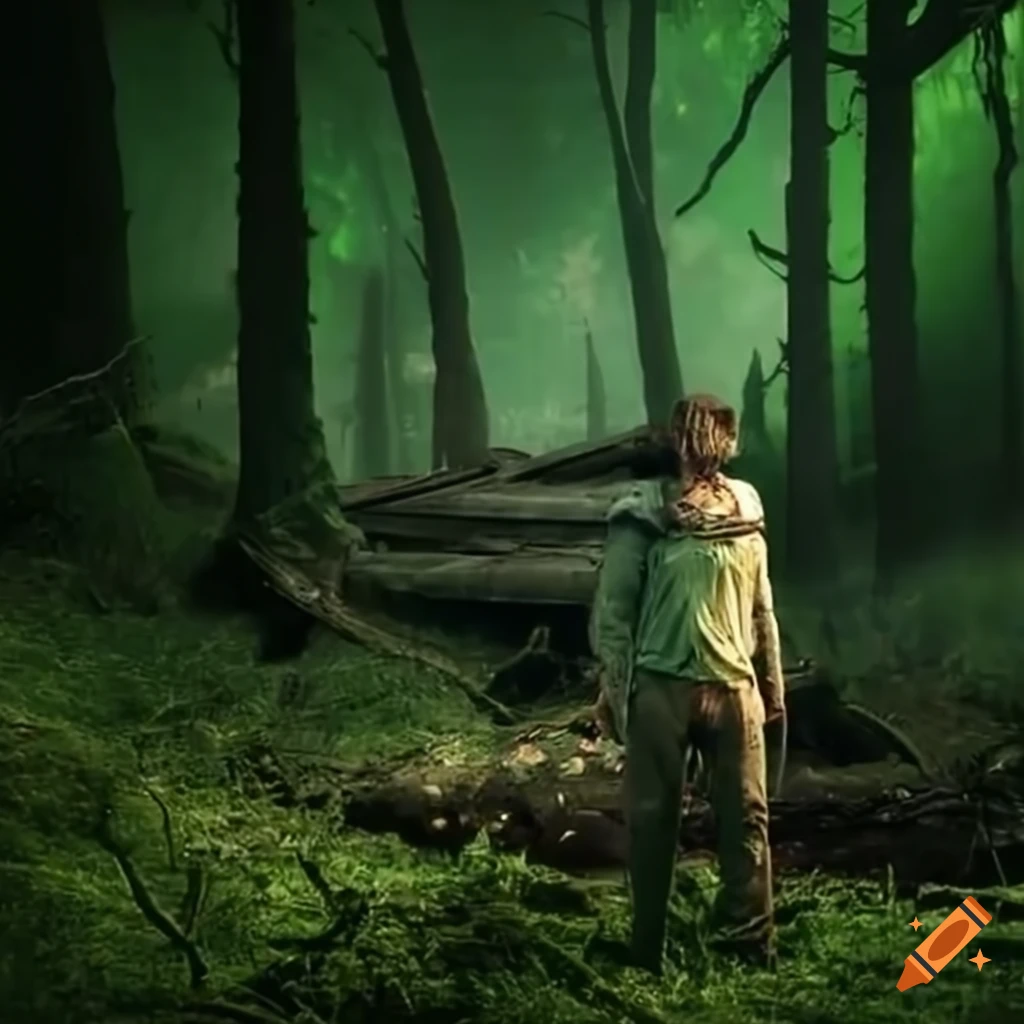 Survivor and crashed spaceship in a green forest on Craiyon