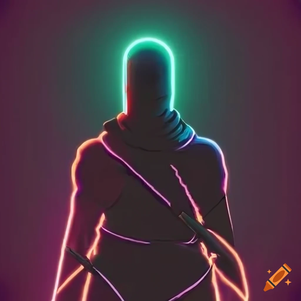 Dynamic ninja silhouette with glowing eyes and vibrant neon lights on Craiyon