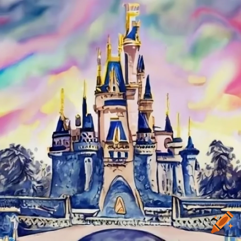 Walt disney world castle illustration stamp-style sticker on Craiyon