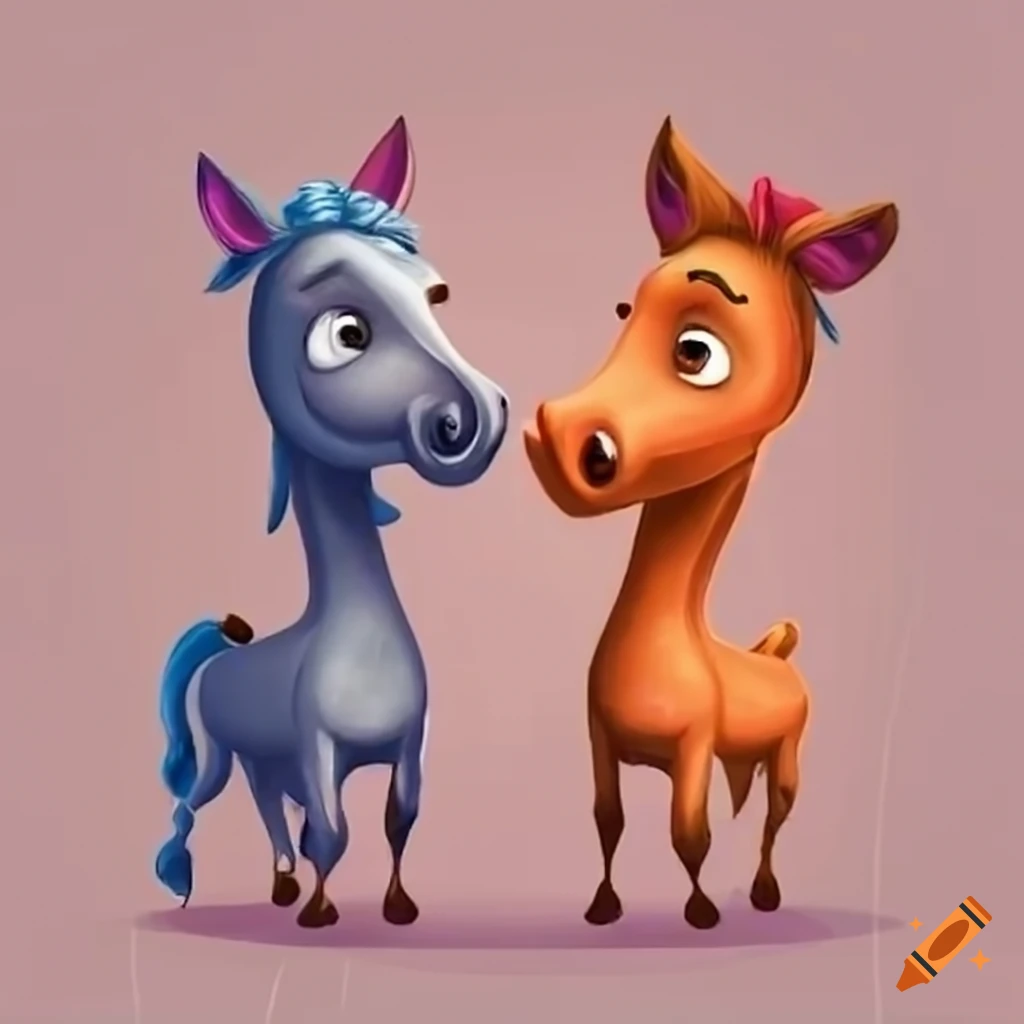 Two cute horse foals nuzzling in a cartoon pastoral setting on Craiyon