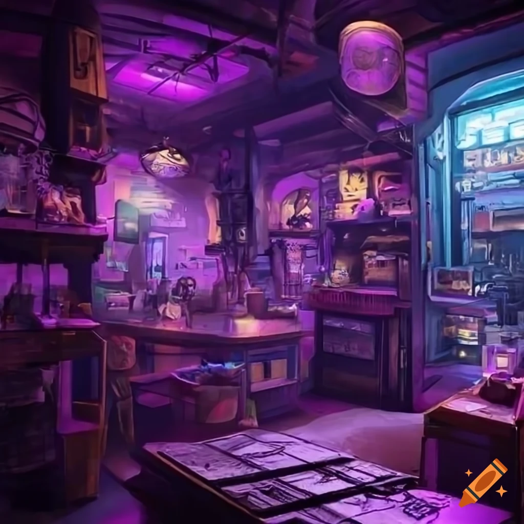 Cyberpunk fantasy alchemist oddity shop in violet tones on Craiyon