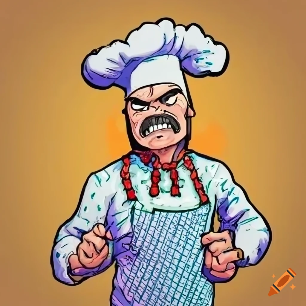 Angry sous-chef working in the kitchen in a comic book style on Craiyon