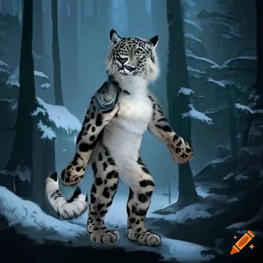 Anthropomorphic snow leopard with blue eyes in a snowy forest on Craiyon