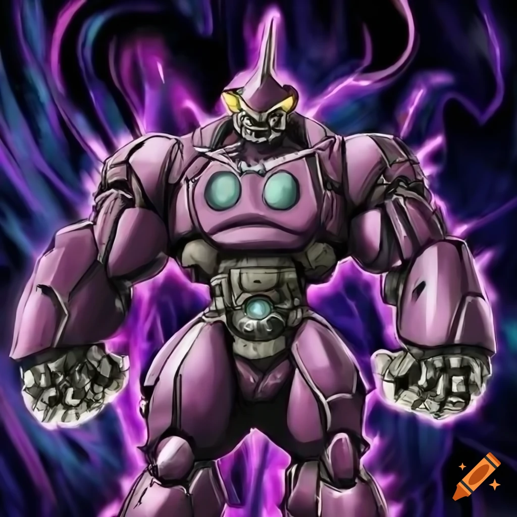 Yu gi oh depiction of a strongman cyborg monster on Craiyon