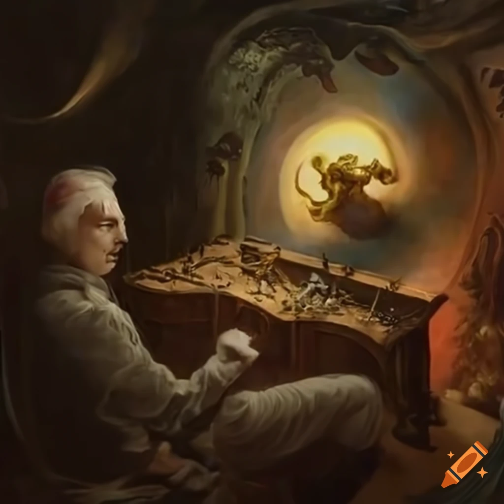 Victorian scientists exploring an ancient eldritch chamber in a surreal ...