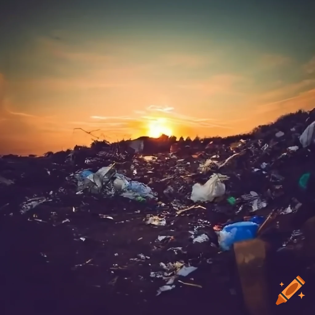 Landfill with burning trash at sunset on Craiyon