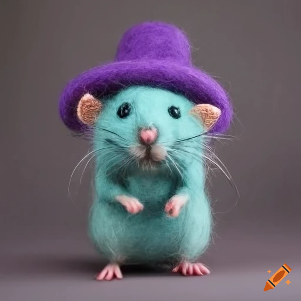 Felted wool teal rat with purple hat on Craiyon