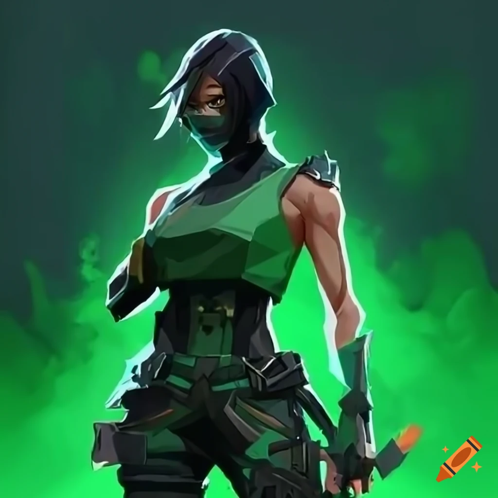 Character viper from valorant emerging from green smoke on Craiyon