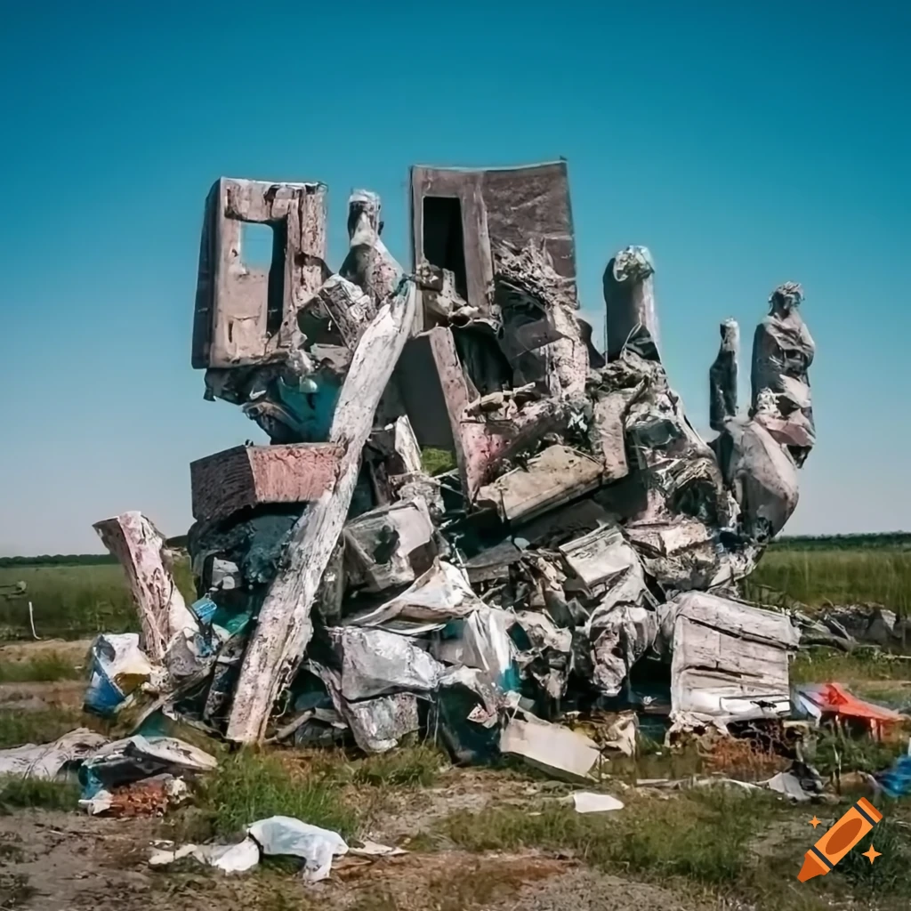 Pile of destroyed statues in a post-apocalyptic junk garbage web on Craiyon