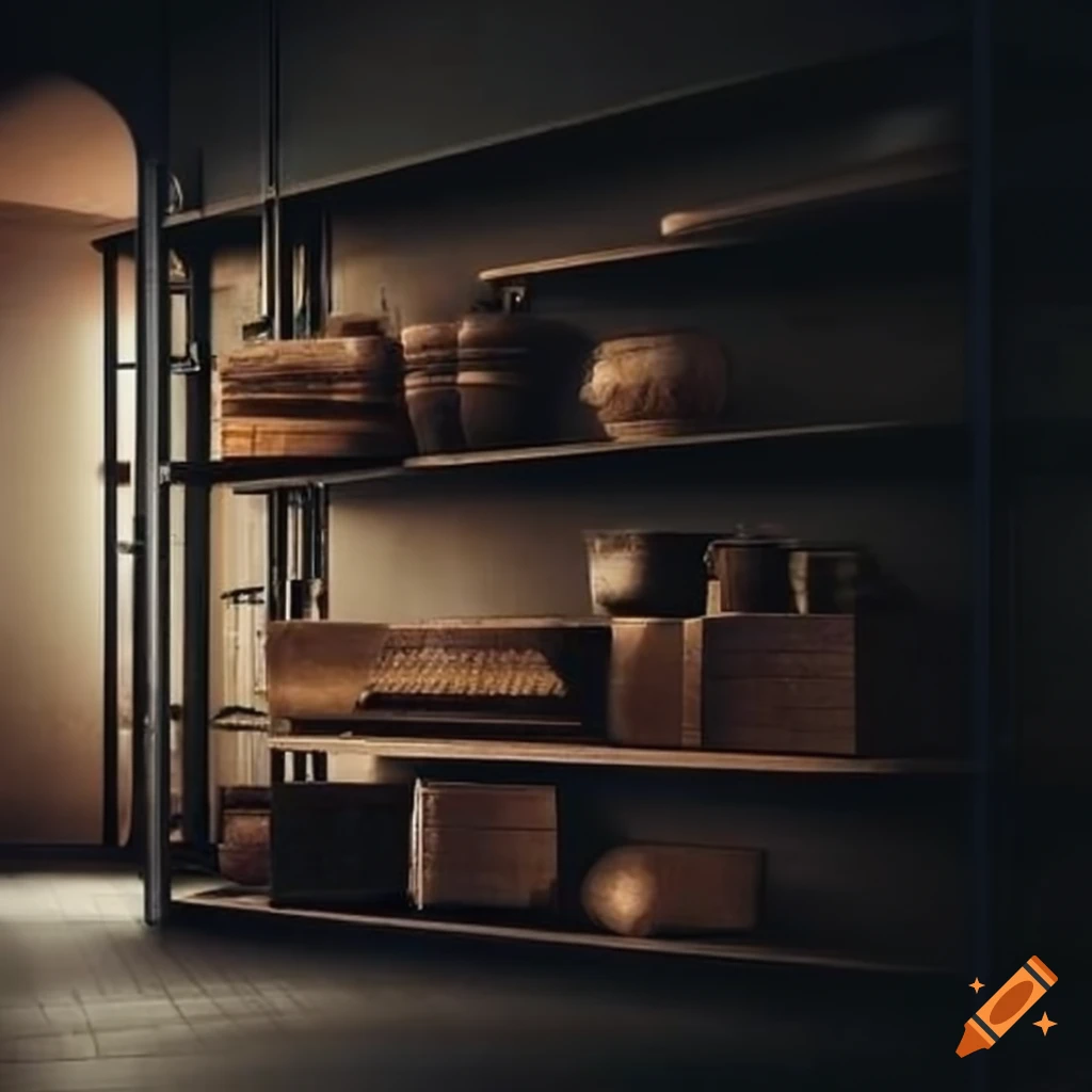 Dark and warm warehouse interior with shelves on Craiyon