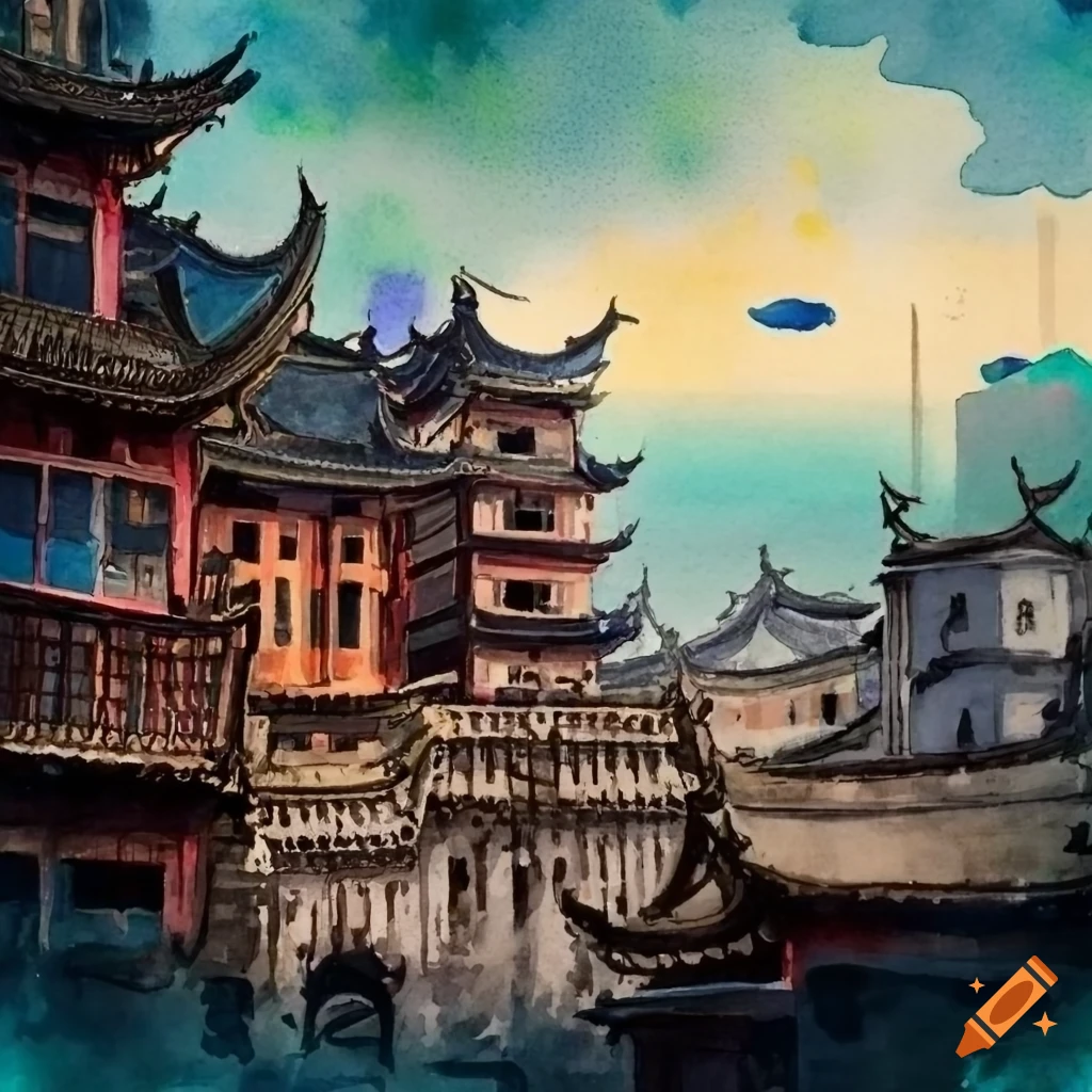 Watercolor illustration of a medieval chinese city on Craiyon