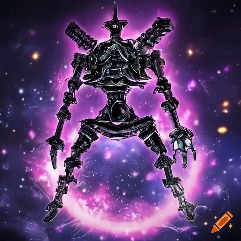 Giant space robot made of dark matter in Yugioh art on Craiyon