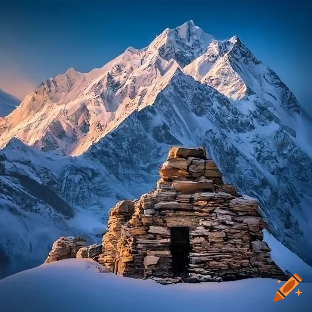 Small stone outpost in a snowy pass with towering himalayan peaks on ...