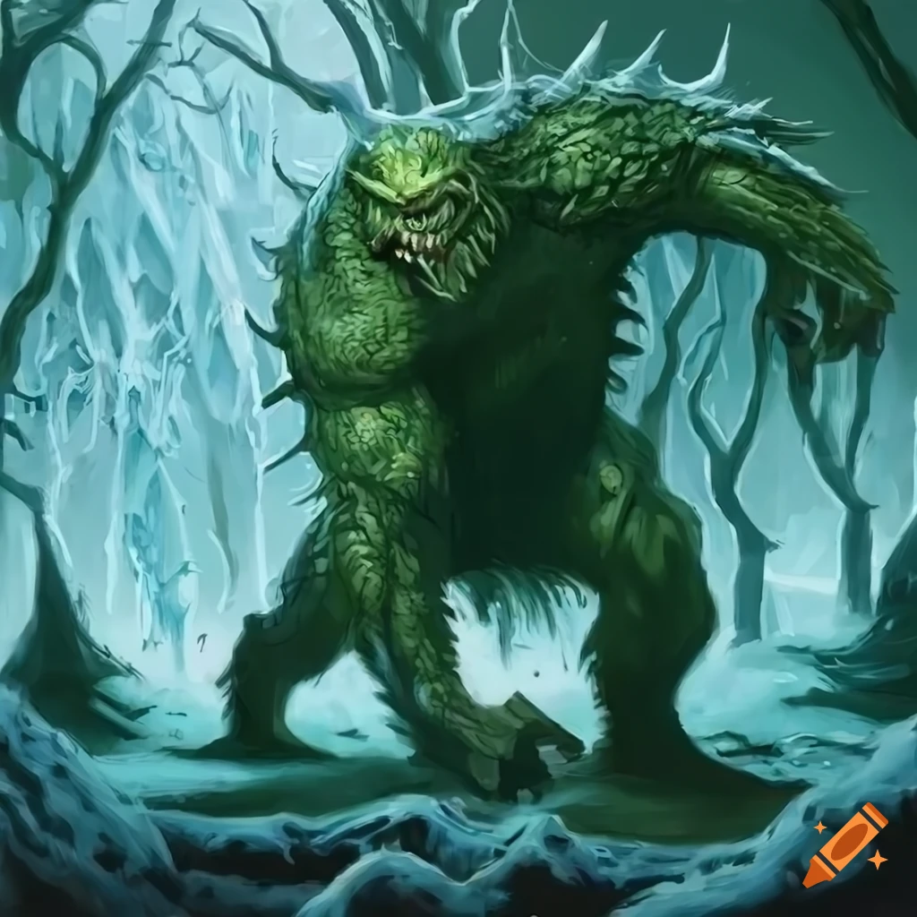 Strong creature battling monsters in a cold forest in fantasy art style ...