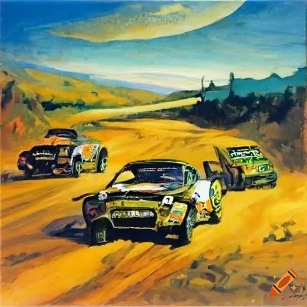 Two rally cars racing on a dirt road in a frank frazetta painting on ...