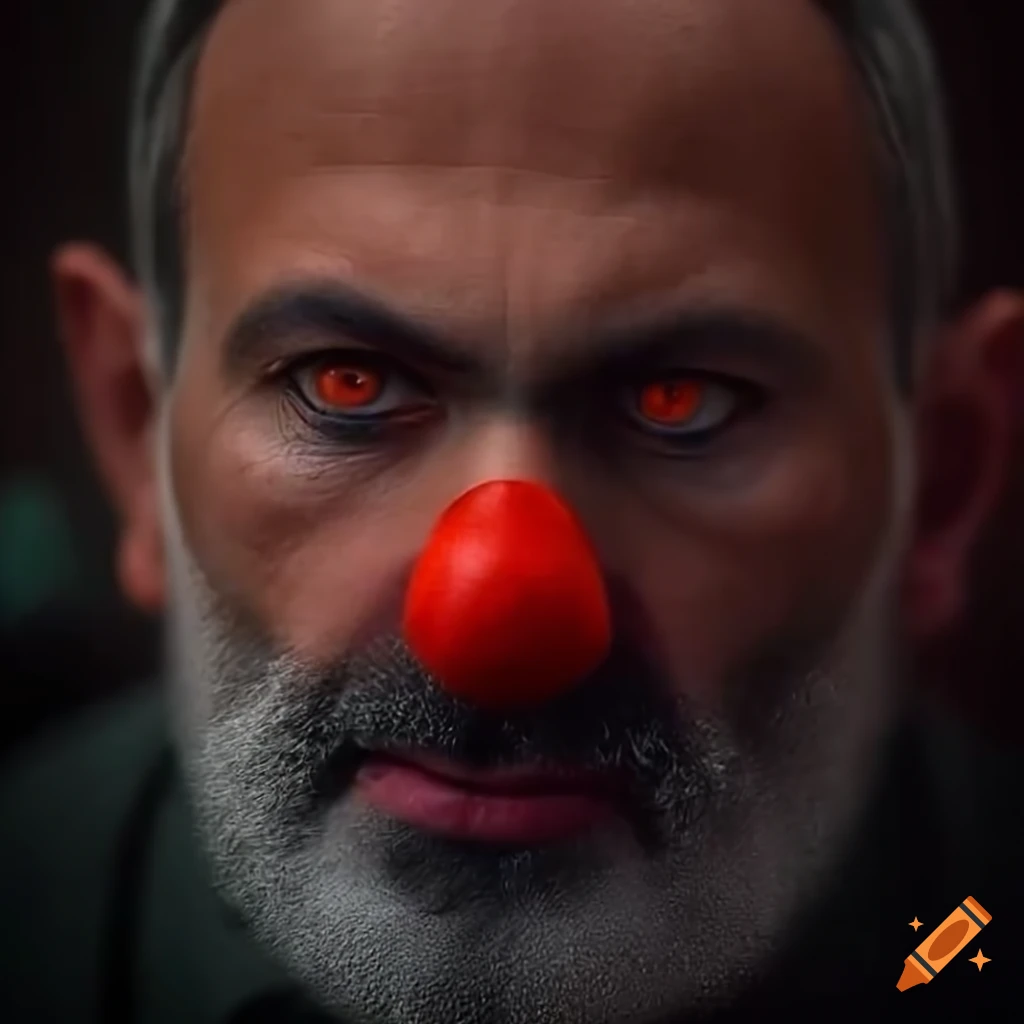 Portrait of nikol pashinyan with a red clown nose and vampire fangs in ...