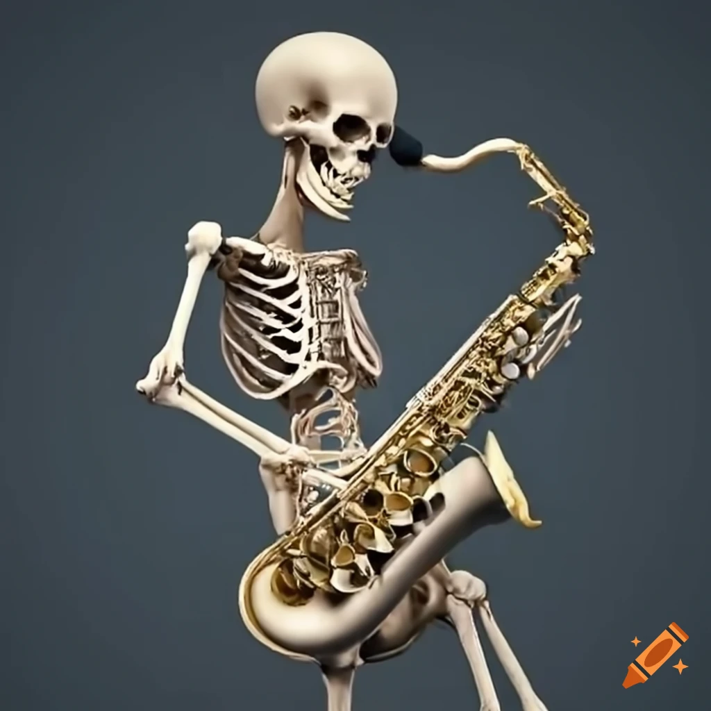 Skeleton playing the saxophone on Craiyon