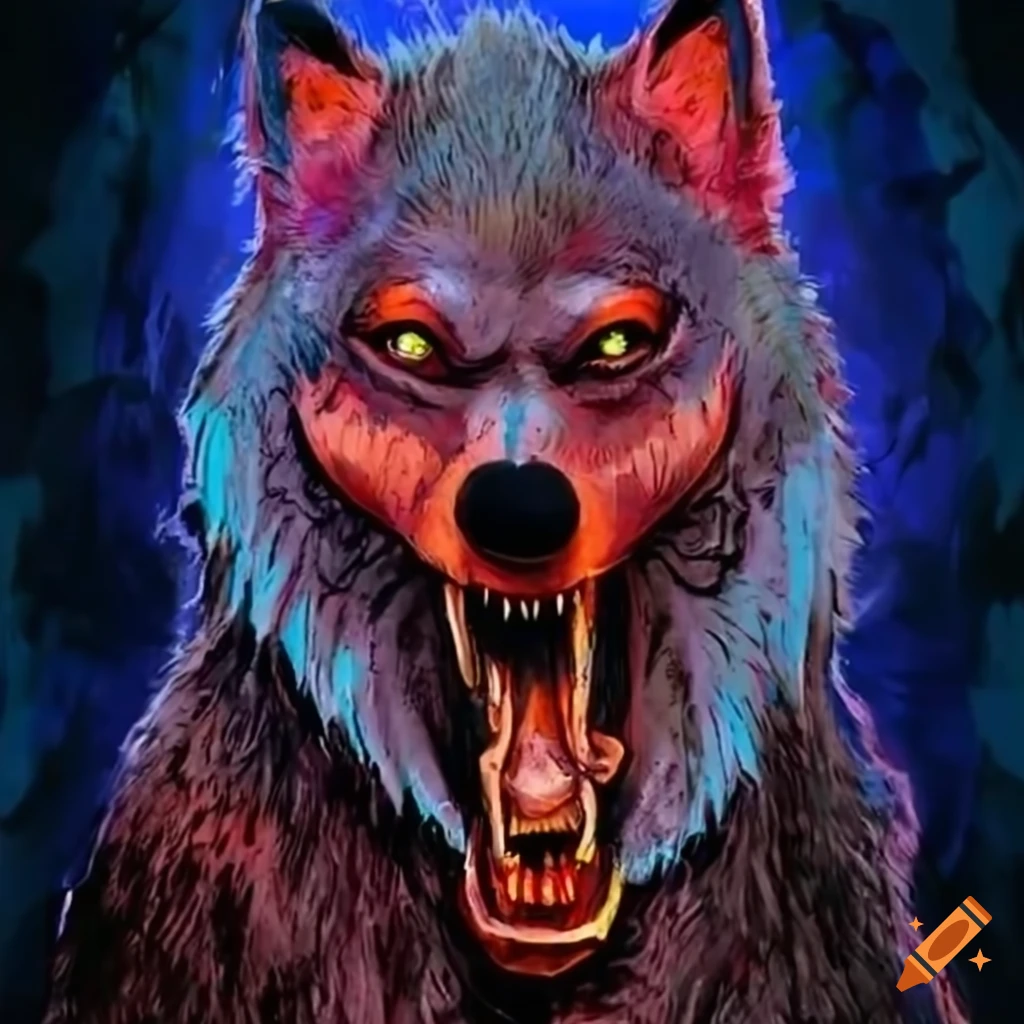 Mysterious and ominous big bad wolf in a horror setting on Craiyon