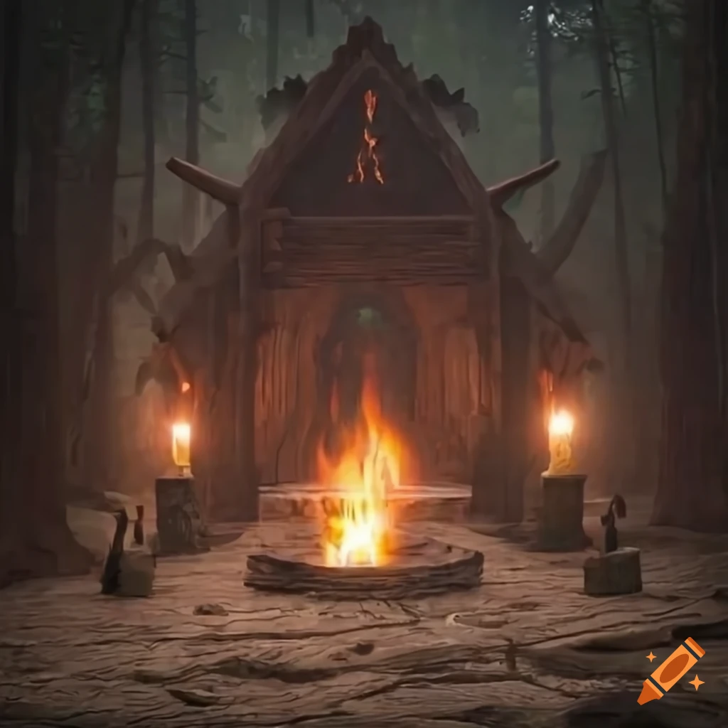 Viking altar with fire on a wooden pedestal in a forest under a starry ...