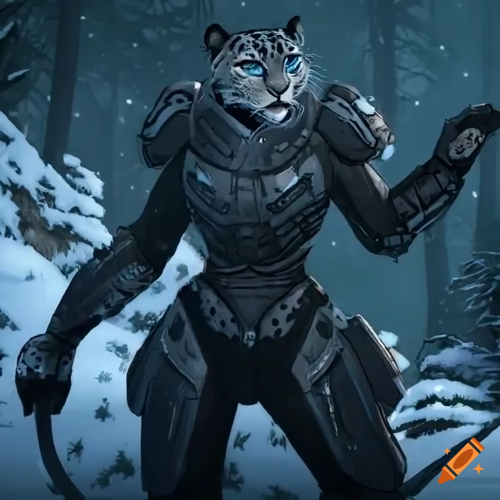 Anthropomorphic snow leopard in futuristic armor standing in snowy ...