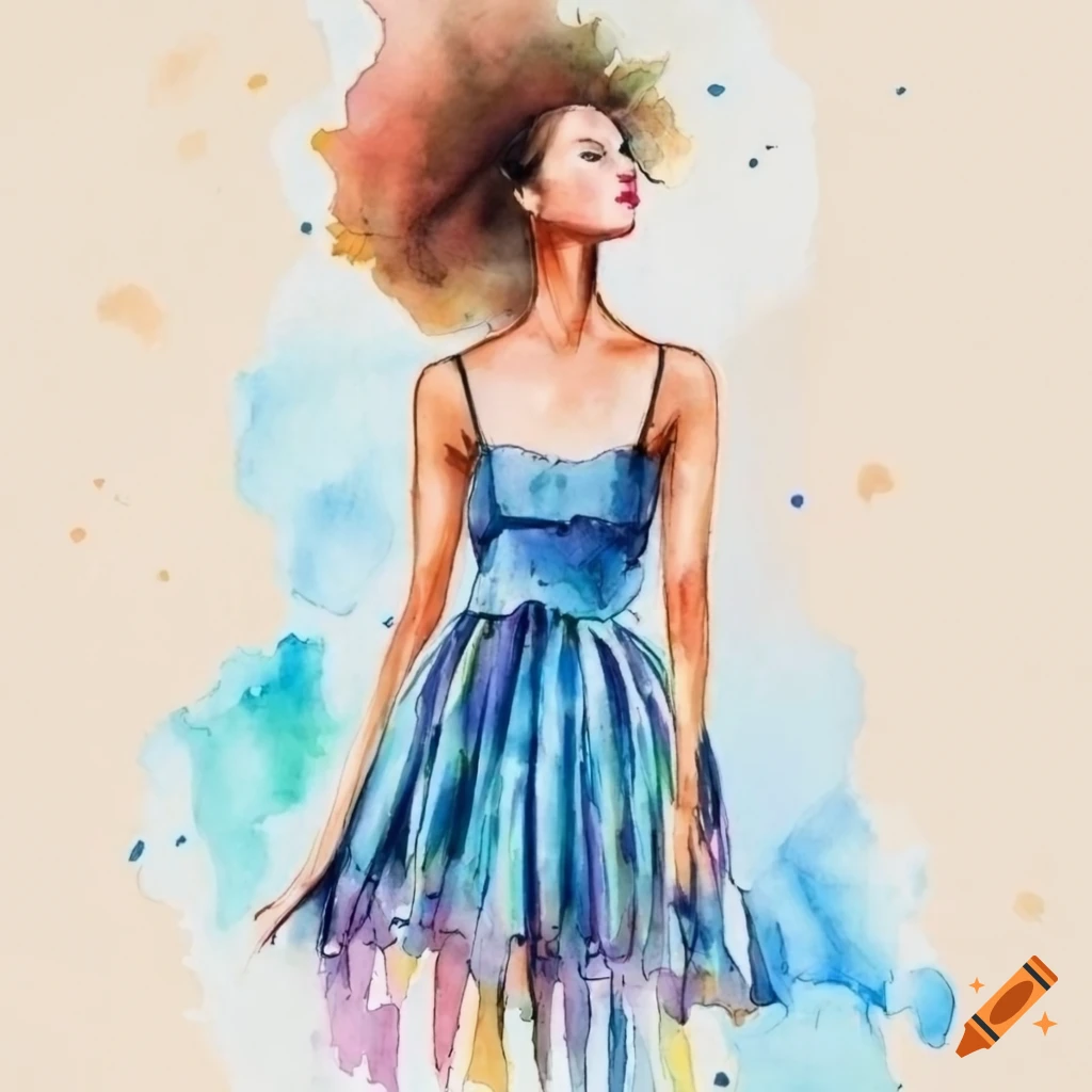 Full body watercolor fashion illustration of a woman in a summer dress ...