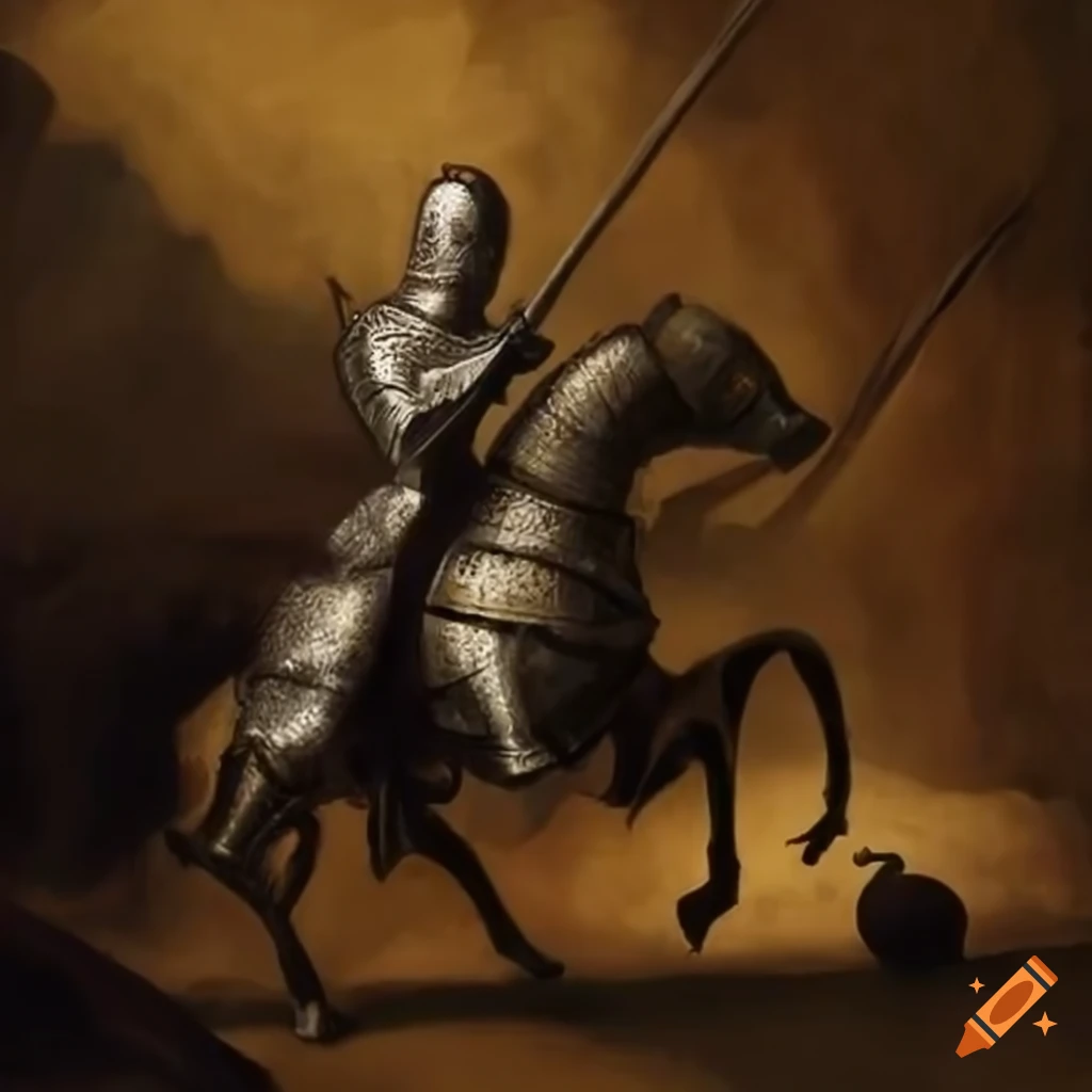 Knight battling a snail in a medieval painting on Craiyon