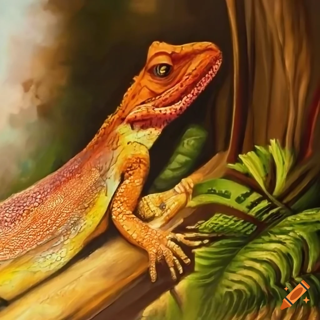 Lizard in a village portrayed in an oil painting on Craiyon