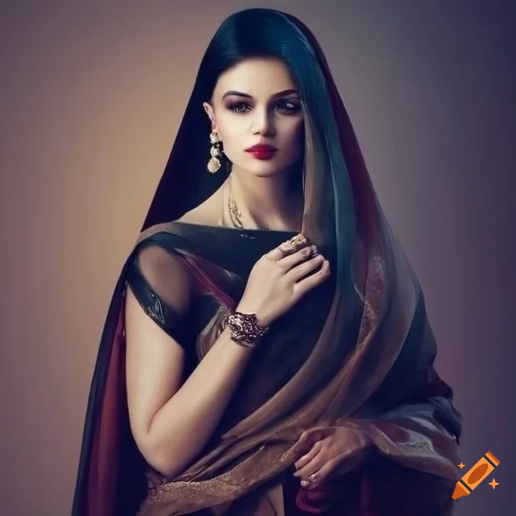 Russian lady in dark sari with elegant attire on Craiyon