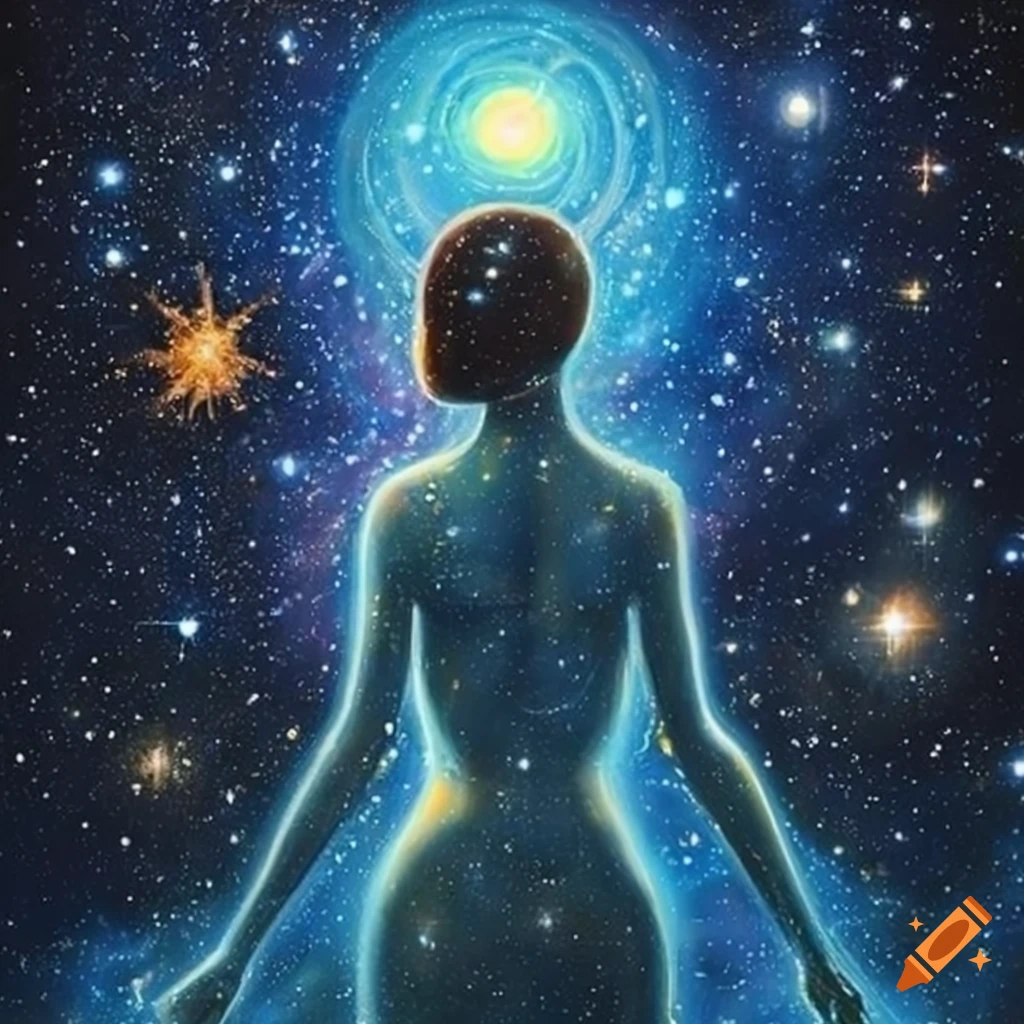 Celestial woman glowing like stars in space painting on Craiyon