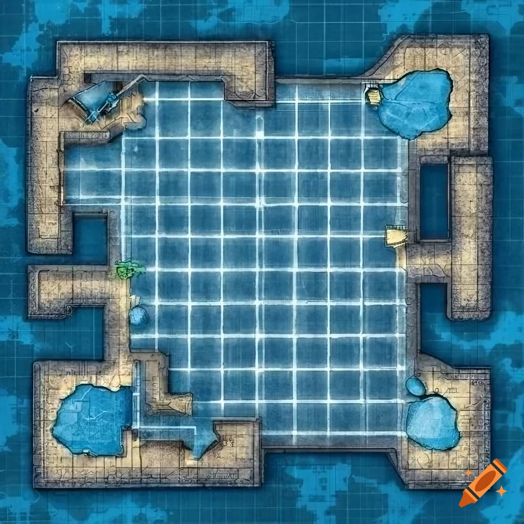 RPG grid battle map with blue theme and puzzles on Craiyon