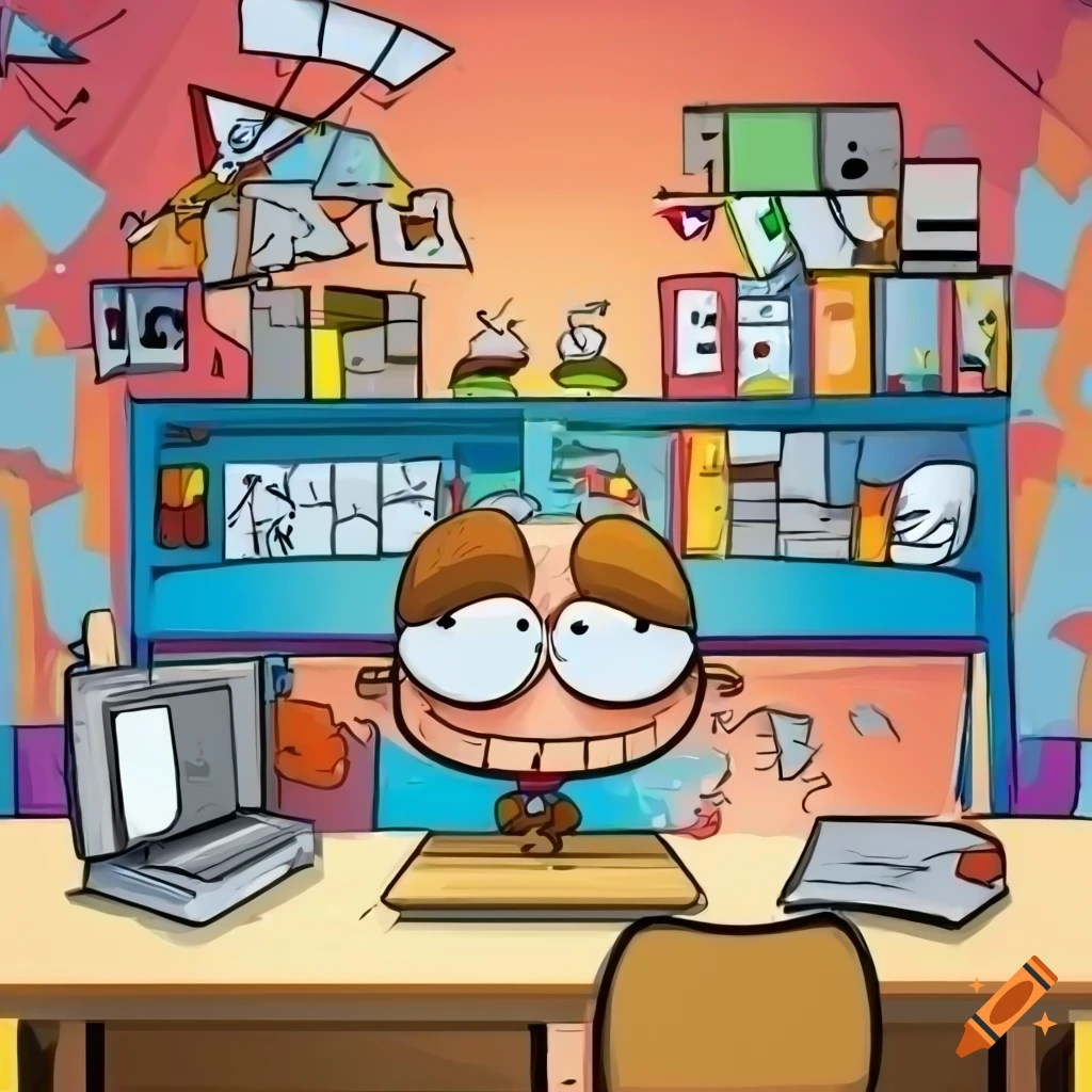 Cartoon nerd playing a computer game in a messy room on Craiyon