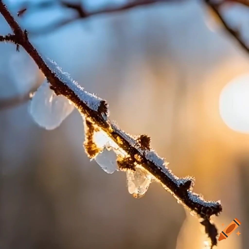 Macro photo of melting snow on a frozen branch at sunset with bokeh effect on Craiyon