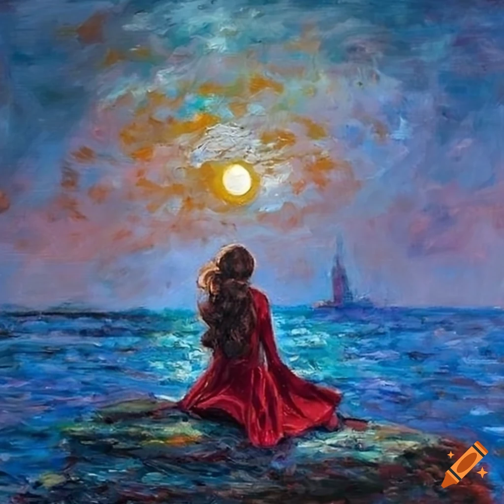 Masterful Monet oil painting of a woman with long wavy dark brown hair ...