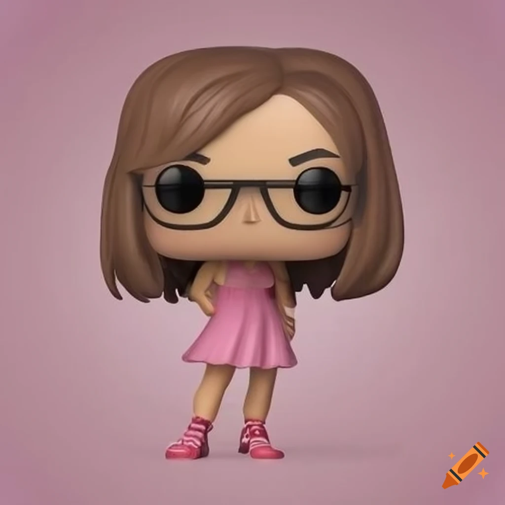 Funko pop woman with long brown hair, pink dress, and glasses on Craiyon